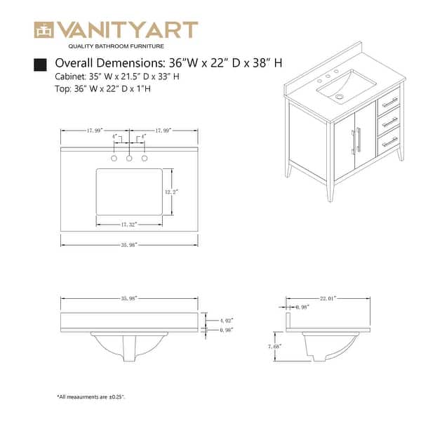 Vanity Art 36" Single Sink Bathroom Vanity Cabinet with Engineered Marble Countertop - On Sale ...
